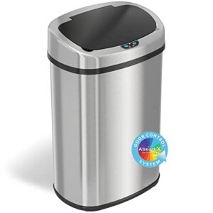 itouchless 13 gallon sensorcan kitchen trash can with odor filter, stainless steel, oval shape, sensor-activated lid garbage bin for home, office, slim space-saving, battery & ac adapter not included