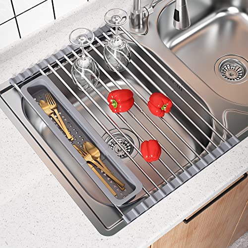 BOOSINY Roll Up Dish Drying Rack, Over The Sink Dryer Rack for Kitchen Counter (12.8"-23.3" x 12.8"), Expandable 304 Stainless Steel Dish Drainer for Inside Sink, Sink Cover with Utensil Holder