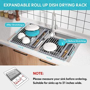 BOOSINY Roll Up Dish Drying Rack, Over The Sink Dryer Rack for Kitchen Counter (12.8"-23.3" x 12.8"), Expandable 304 Stainless Steel Dish Drainer for Inside Sink, Sink Cover with Utensil Holder