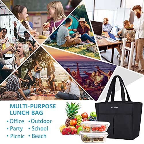 MAXTOP Lunch Bags for Women,Insulated Thermal Lunch Tote Bag,Lunch Box with Front Pocket for Office Work Picnic Shopping (Black, Medium)