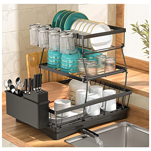 7 code 3-Tier Large Dish Racks for Kitchen Counter,Dish Drying Rack,Detachable Large Capacity Dish Drainer Organizer with Utensil Holder, Cup Holder,Dish Drying Rack with Drain Board ,Black