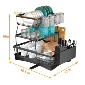 7 code 3-Tier Large Dish Racks for Kitchen Counter,Dish Drying Rack,Detachable Large Capacity Dish Drainer Organizer with Utensil Holder, Cup Holder,Dish Drying Rack with Drain Board ,Black