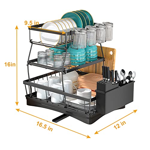 7 code 3-Tier Large Dish Racks for Kitchen Counter,Dish Drying Rack,Detachable Large Capacity Dish Drainer Organizer with Utensil Holder, Cup Holder,Dish Drying Rack with Drain Board ,Black