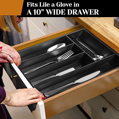 Ayiaren Black Wooden Utensil Tray Best Cutlery Kitchen Drawer Divider Organizer Flatware Tray Wood Cutlery Silverware Drawer Inserts Bamboo Spoon Utensils Storage Organizer