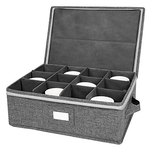 popoly Cup and Mug Storage Box, China Storage Containers Chest with Zipper Lid and Handles, Holds 12 Coffee Mugs and Tea Cups, Hard Shell and Stackable(Grey)