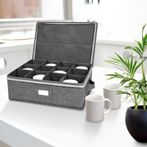 popoly Cup and Mug Storage Box, China Storage Containers Chest with Zipper Lid and Handles, Holds 12 Coffee Mugs and Tea Cups, Hard Shell and Stackable(Grey)