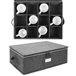 popoly Cup and Mug Storage Box, China Storage Containers Chest with Zipper Lid and Handles, Holds 12 Coffee Mugs and Tea Cups, Hard Shell and Stackable(Grey)