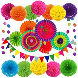 zerodeco party decoration, 21 pcs multi-color hanging paper fans, pom poms flowers, garlands string polka dot and triangle bunting flags for birthday parties, wedding décor, fiesta or mexican party