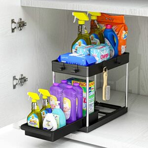 buybuyqueen 2-tier under sink organizer, sliding under bathroom cabinet storage drawer organizer with 4 hooks & 2 dividers, multi-purpose under sink shelf organizer for bathroom kitchen (black_1 pack)