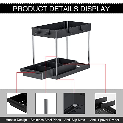 BuyBuyQUEEN 2-Tier Under Sink Organizer, Sliding Under Bathroom Cabinet Storage Drawer Organizer with 4 Hooks & 2 Dividers, Multi-purpose Under Sink Shelf Organizer for Bathroom Kitchen (Black_1 Pack)