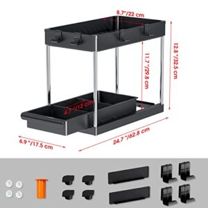 BuyBuyQUEEN 2-Tier Under Sink Organizer, Sliding Under Bathroom Cabinet Storage Drawer Organizer with 4 Hooks & 2 Dividers, Multi-purpose Under Sink Shelf Organizer for Bathroom Kitchen (Black_1 Pack)