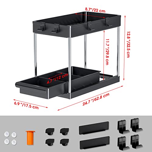 BuyBuyQUEEN 2-Tier Under Sink Organizer, Sliding Under Bathroom Cabinet Storage Drawer Organizer with 4 Hooks & 2 Dividers, Multi-purpose Under Sink Shelf Organizer for Bathroom Kitchen (Black_1 Pack)