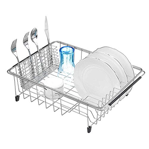 SANNO Stainless Steel Cutlery Utensil Holder Silverware Organizer Rack with Hooks Removable Drying Rack Silverware Holder Utensil Cutlery Basket Kitchen Dish Drainer Dish Drying Rack