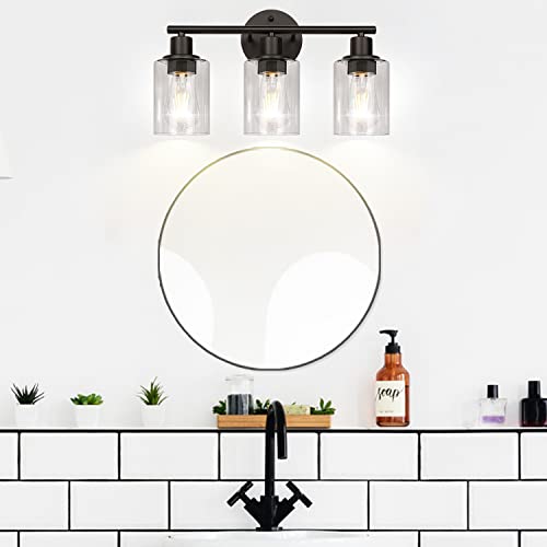 3-Light Bathroom Light Fixtures, Black Bathroom Wall Lights, Modern Bathroom Vanity Light with Clear Glass Shade, Bathroom Wall Lamp for Mirror Kitchen Bedroom Living Room Hallway Cabinet Porch