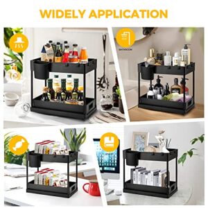 Under Sink Organizers and Storage, 2 Tier Pull Out Cabinet Organizer, Kitchen Cabinet Organizer Bathroom Sink Organizer with Hooks, Cabinet Organizers and Storage for Bathroom, Black, 2 Pack