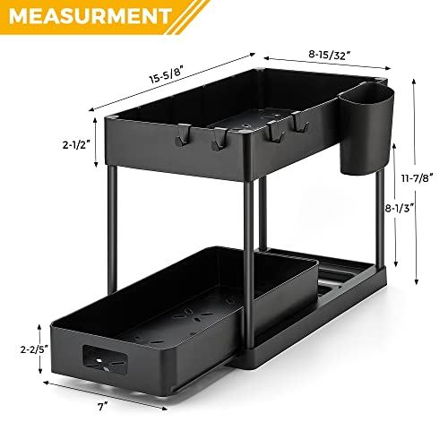 Under Sink Organizers and Storage, 2 Tier Pull Out Cabinet Organizer, Kitchen Cabinet Organizer Bathroom Sink Organizer with Hooks, Cabinet Organizers and Storage for Bathroom, Black, 2 Pack