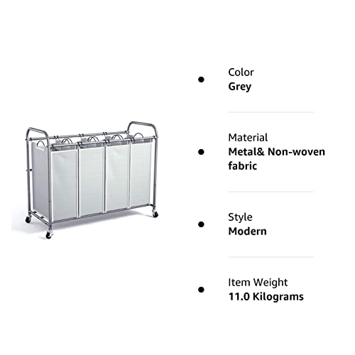 ROMOON 4 Bag Laundry Sorter Cart, Laundry Hamper Sorter with Heavy Duty Rolling Wheels for Clothes Storage, Grey