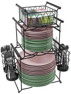 sorbus® buffet caddy — 7-piece stackable set includes plate, napkin, and silverware holder, 3-tier detachable tabletop organizer — ideal for kitchen, dining, entertaining, parties,thanksgiving (black)