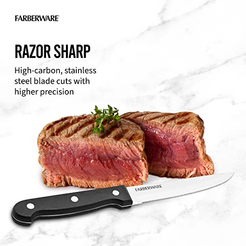 Farberware 4-Piece Full-Tang Triple Rivet 'Never Needs Sharpening' Stainless Steel Steak Knife Set, Black