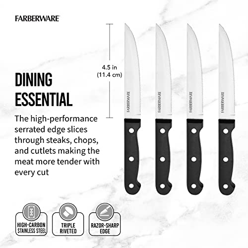 Farberware 4-Piece Full-Tang Triple Rivet 'Never Needs Sharpening' Stainless Steel Steak Knife Set, Black