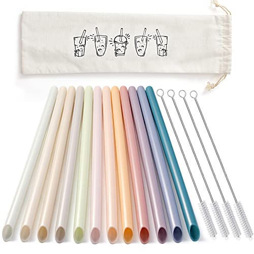 [Angled Tips] 12 Pcs Reusable Boba, Smoothie Straws with 4 Brushes & 1 Bag - 12 mm Wide Jumbo Straws - Colored BPA FREE Food-Grade Plastic Straws for Bubble Tea(Tapioca, Boba Pearls), Milkshakes