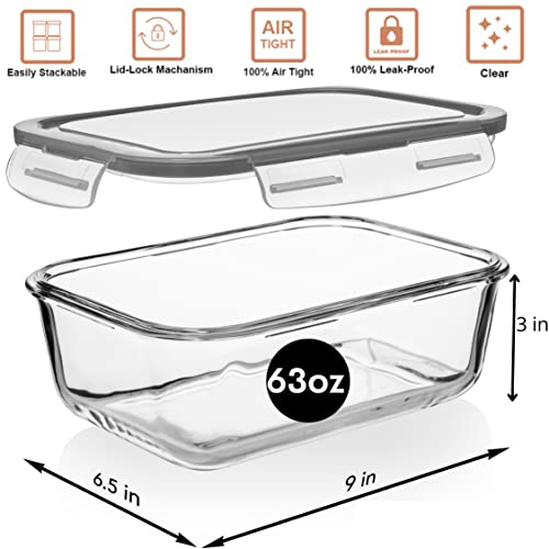 8 Cups/ 63 Oz 4 Piece (2 containers + 2 Lids) Large Glass Food Storage/ Baking Containers with Locking Lids . Ideal for Storing food, vegetables or fruits. BPA Free & Leak Proof - Microwave, Oven Safe