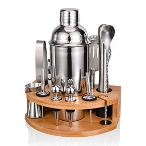 esmula bartender kit with stylish bamboo stand, 12 piece 25oz cocktail shaker set for mixed drink, professional stainless steel bar tool set, gift for man dad- cocktail recipes booklet