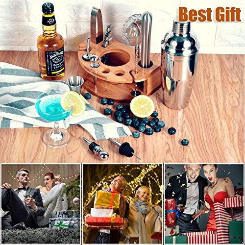 Esmula Bartender Kit with Stylish Bamboo Stand, 12 Piece 25oz Cocktail Shaker Set for Mixed Drink, Professional Stainless Steel Bar Tool Set, Gift for Man Dad- Cocktail Recipes Booklet