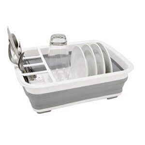 kitchen details collapsible dish drying rack | space saver | aerated bases drain holes | plates, bowls, utensils compartments | countertop and sink storage | white/grey