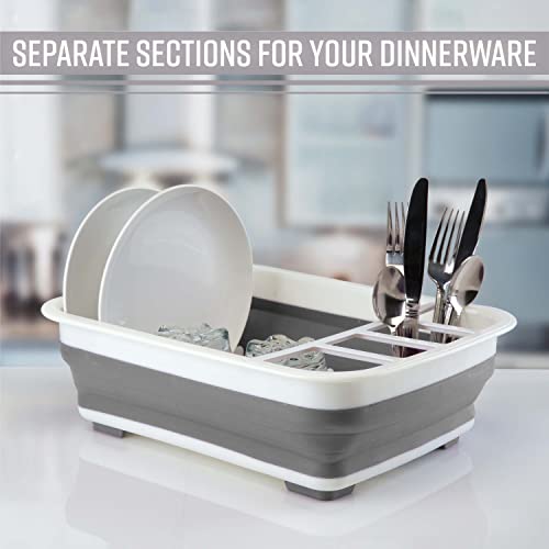 Kitchen Details Collapsible Dish Drying Rack | Space Saver | Aerated Bases Drain Holes | Plates, Bowls, Utensils Compartments | Countertop and Sink Storage | White/Grey