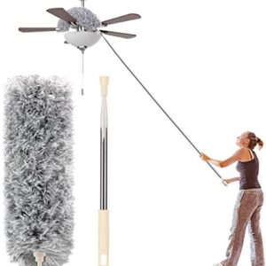 Microfiber Duster with Extension Pole(Stainless Steel) 30 to 100'', with Bendable Head, Extendable Long Duster for Cleaning Ceiling Fan, High Ceiling, Keyboard, Furniture Cars