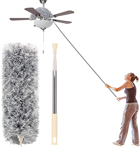 Microfiber Duster with Extension Pole(Stainless Steel) 30 to 100'', with Bendable Head, Extendable Long Duster for Cleaning Ceiling Fan, High Ceiling, Keyboard, Furniture Cars