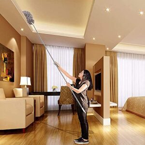 Microfiber Duster with Extension Pole(Stainless Steel) 30 to 100'', with Bendable Head, Extendable Long Duster for Cleaning Ceiling Fan, High Ceiling, Keyboard, Furniture Cars