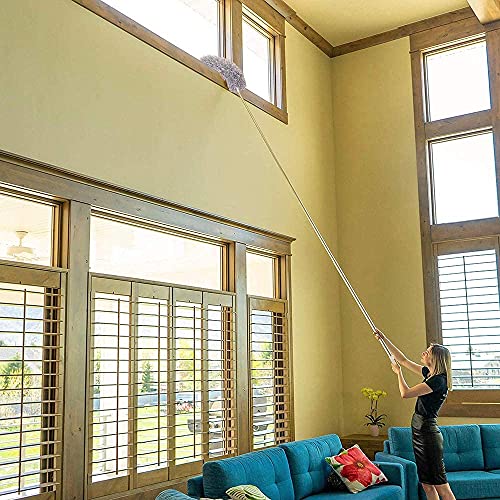 Microfiber Duster with Extension Pole(Stainless Steel) 30 to 100'', with Bendable Head, Extendable Long Duster for Cleaning Ceiling Fan, High Ceiling, Keyboard, Furniture Cars