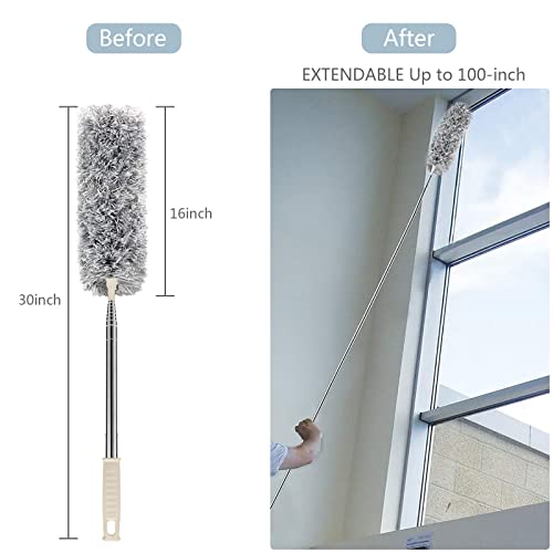 Microfiber Duster with Extension Pole(Stainless Steel) 30 to 100'', with Bendable Head, Extendable Long Duster for Cleaning Ceiling Fan, High Ceiling, Keyboard, Furniture Cars