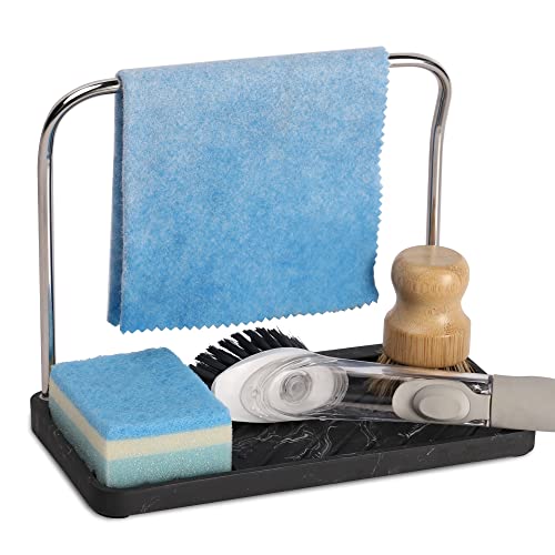 zccz Sponge Holder - Kitchen Sink Organizer Tray Stainless Steel Dish Cloth Hanger Soap Dispenser Brush Holder Caddy, Black Marble Look