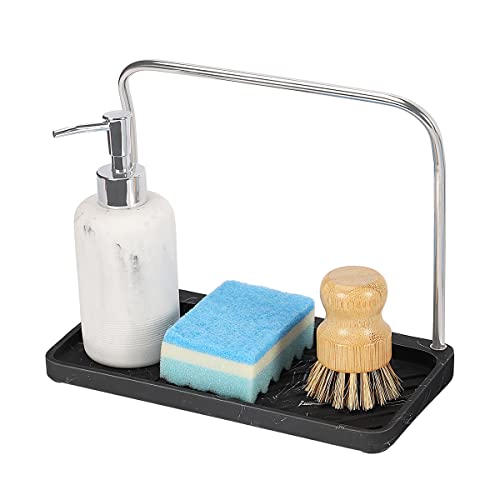 zccz Sponge Holder - Kitchen Sink Organizer Tray Stainless Steel Dish Cloth Hanger Soap Dispenser Brush Holder Caddy, Black Marble Look