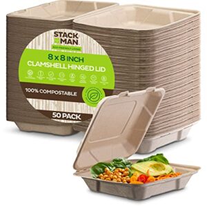 100% compostable clamshell take out food containers [8x8″ 50-pack] heavy-duty quality to go containers, natural disposable bagasse, eco-friendly biodegradable made of sugar cane fibers