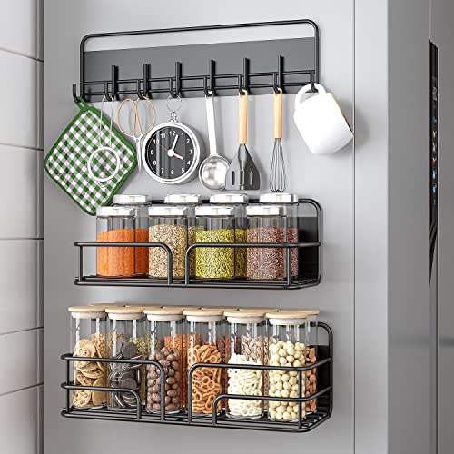 SEIRIONE Magnetic Spice Racks for Refrigerator with 8-Hook Rack,3-Piece Set Seasoning Organizer,2 In 1 Design Spice Rack Organizer,Soid Magnetic Shelf as Seasoning Rack for Kitchen, Bathroom,Laundry