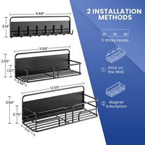 SEIRIONE Magnetic Spice Racks for Refrigerator with 8-Hook Rack,3-Piece Set Seasoning Organizer,2 In 1 Design Spice Rack Organizer,Soid Magnetic Shelf as Seasoning Rack for Kitchen, Bathroom,Laundry