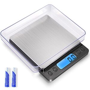 digital food kitchen scale upgraded, yoncon 3000g/0.1g high accuracy mini pocket scale measures in grams and oz for cooking, baking, jewelry, tare function,2 trays, lcd display (batteries included)