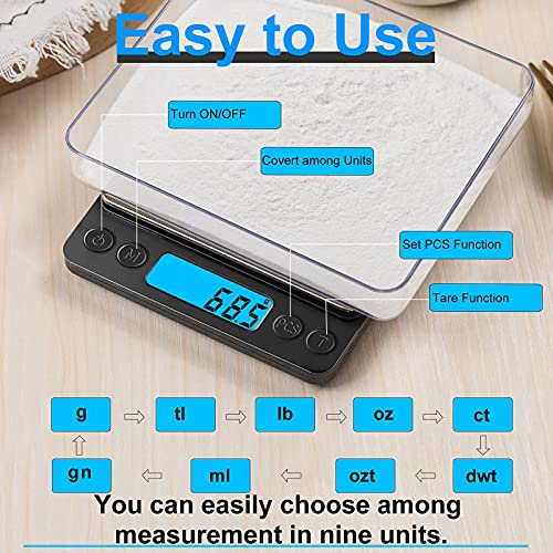 Digital Food Kitchen Scale Upgraded, YONCON 3000g/0.1g High Accuracy Mini Pocket Scale Measures in Grams and oz for Cooking, Baking, Jewelry, Tare Function,2 Trays, LCD Display (Batteries Included)