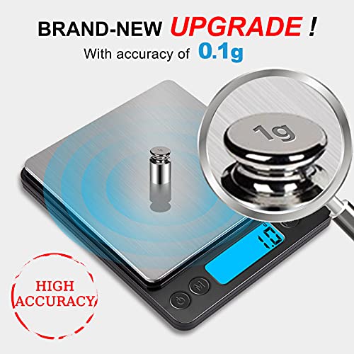 Digital Food Kitchen Scale Upgraded, YONCON 3000g/0.1g High Accuracy Mini Pocket Scale Measures in Grams and oz for Cooking, Baking, Jewelry, Tare Function,2 Trays, LCD Display (Batteries Included)