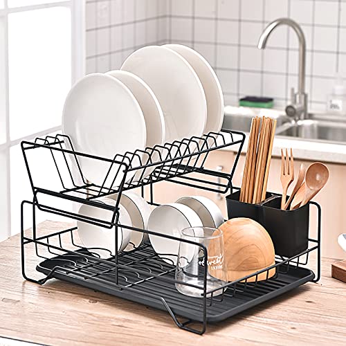 Lanrinwon Black Dish Drying Rack,2 Tier Stainless Steel Chrome Dish Racks for Kitchen Counter Sink Large Dish Drainer with Removable Black Drainboard