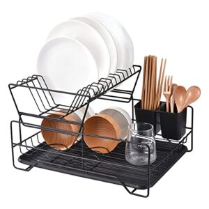 Lanrinwon Black Dish Drying Rack,2 Tier Stainless Steel Chrome Dish Racks for Kitchen Counter Sink Large Dish Drainer with Removable Black Drainboard