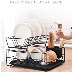 Lanrinwon Black Dish Drying Rack,2 Tier Stainless Steel Chrome Dish Racks for Kitchen Counter Sink Large Dish Drainer with Removable Black Drainboard