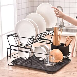 Lanrinwon Black Dish Drying Rack,2 Tier Stainless Steel Chrome Dish Racks for Kitchen Counter Sink Large Dish Drainer with Removable Black Drainboard