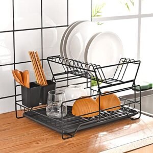 Lanrinwon Black Dish Drying Rack,2 Tier Stainless Steel Chrome Dish Racks for Kitchen Counter Sink Large Dish Drainer with Removable Black Drainboard