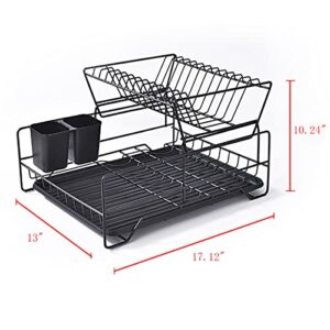 Lanrinwon Black Dish Drying Rack,2 Tier Stainless Steel Chrome Dish Racks for Kitchen Counter Sink Large Dish Drainer with Removable Black Drainboard