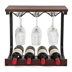 SODUKU Wine Rack Wall Mounted Handmade Metal & Wood Wine Countertop Rack Wine Storage Shelf with 4 Bottle Cages & 6 Long Stem Glass Holder Walnut